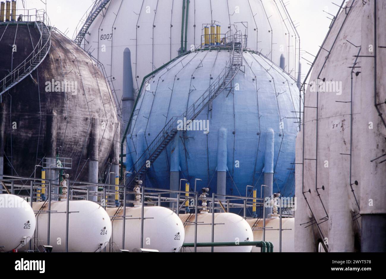 Butane gas tanks, distribution plant. El Musel, port of Gijón. Spain ...