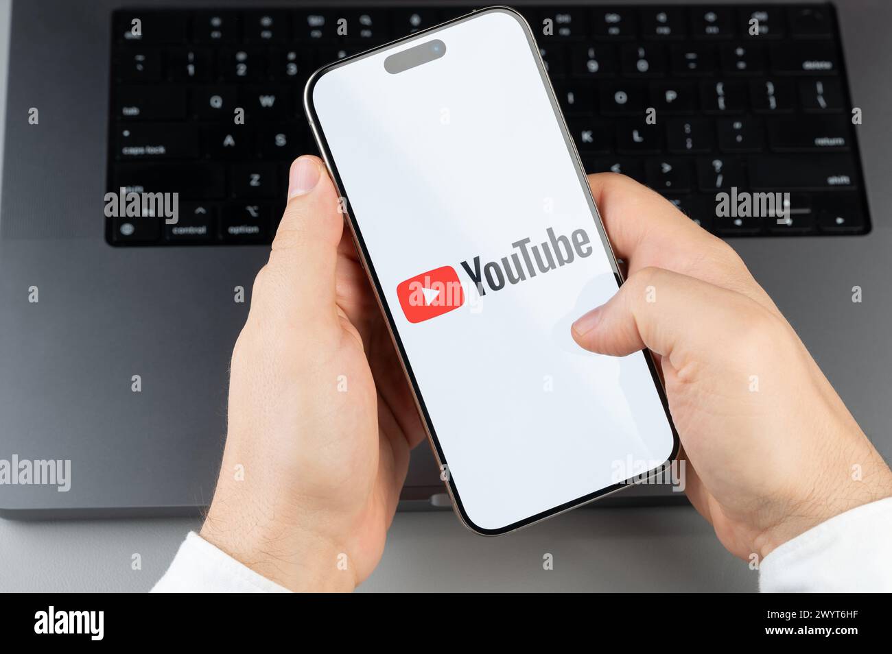New York, USA - April 6, 2024: Popular Youtube mobile app on smartphone ...