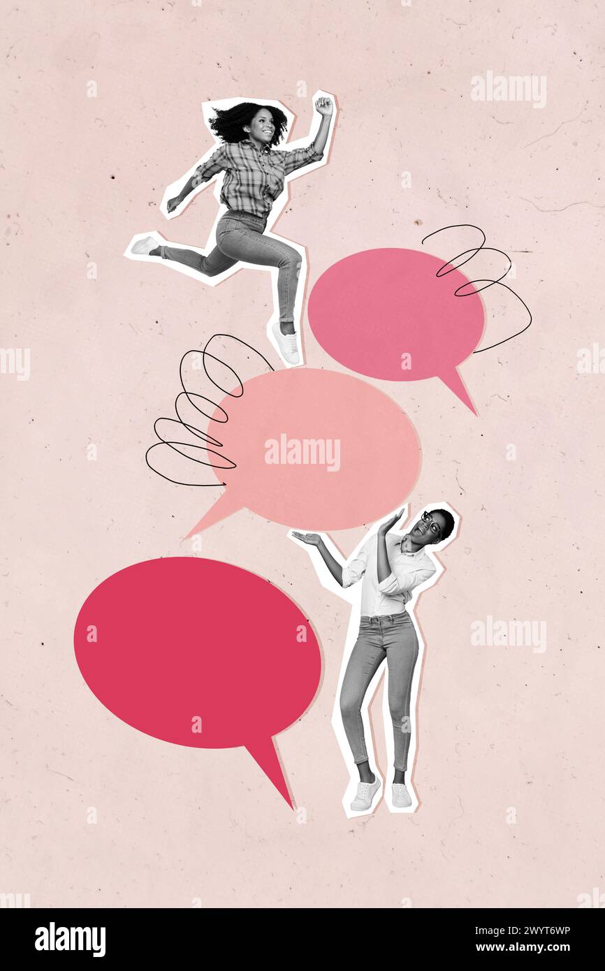Vertical photo collage of happy american girls cloud bubble message ...