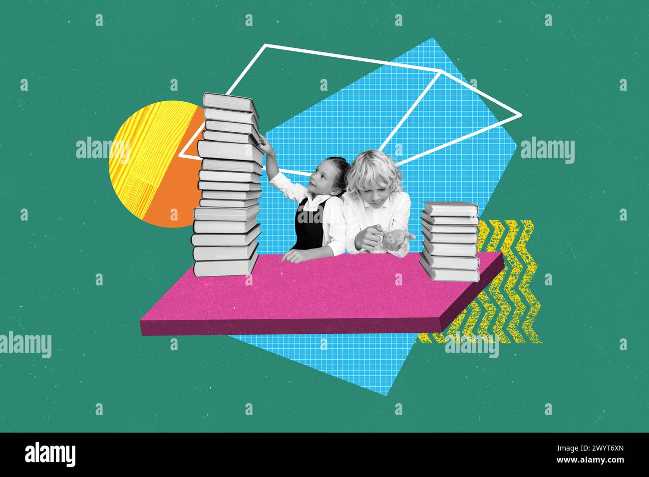 Composite collage picture image of cute schoolkids big pile books ...