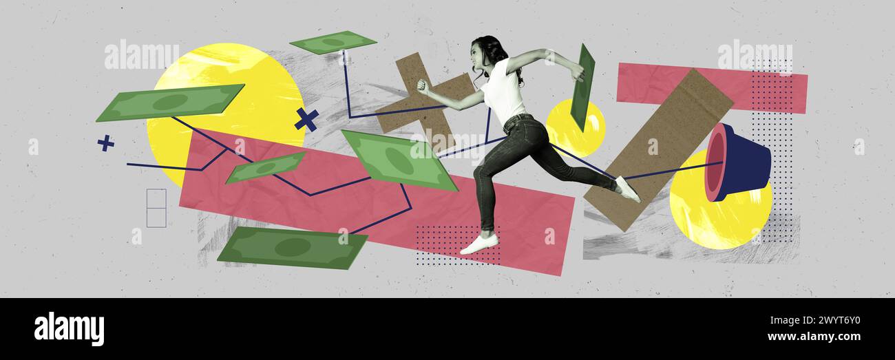 Composite collage picture panorama image of running woman earning money ...