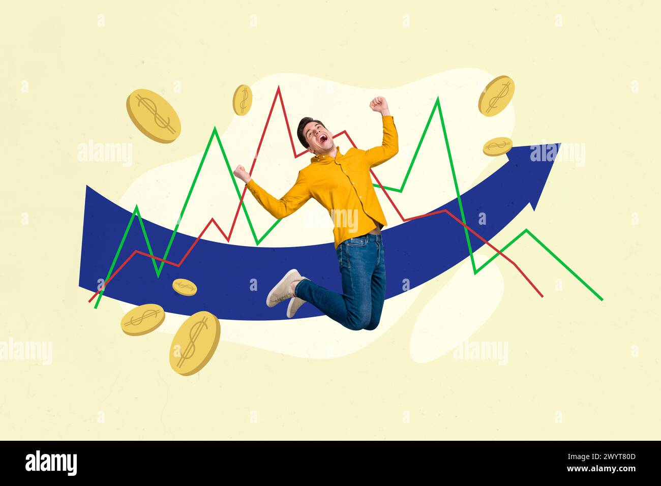 Composite photo collage of happy guy jump arrow graph gold coin dollar ...