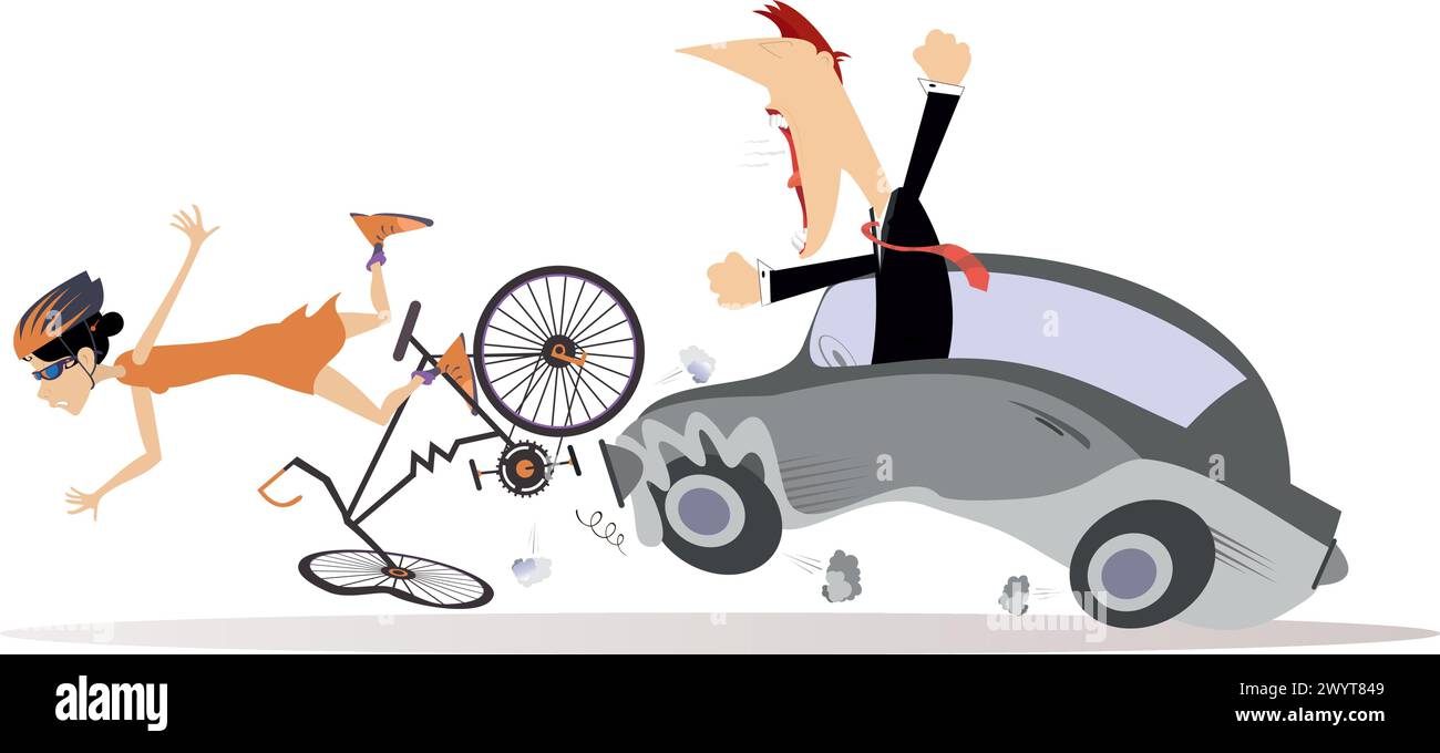 Road collision. Automobile knocking down woman riding on the bicycle ...