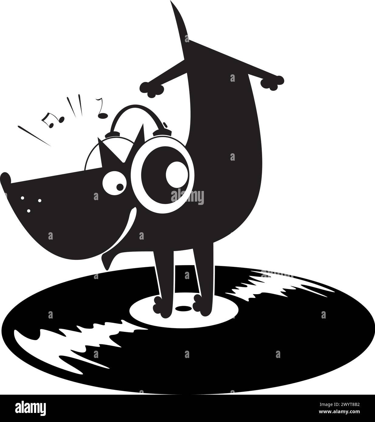 Cartoon dog, headphones and a long playing record. Cartoon dog in ...