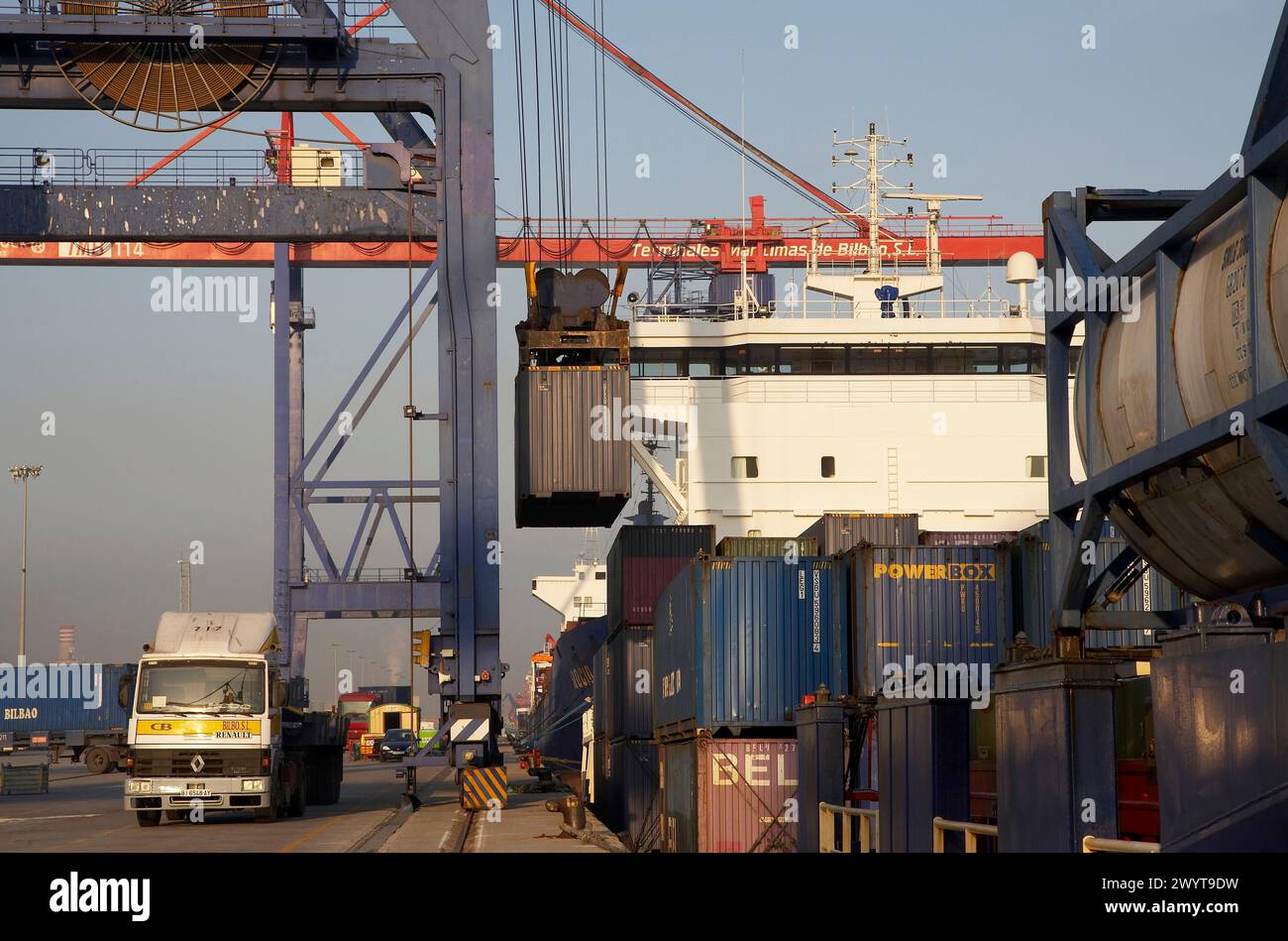 Loading containers, Port of Bilbao, Santurce, Bizkaia, Basque Country ...