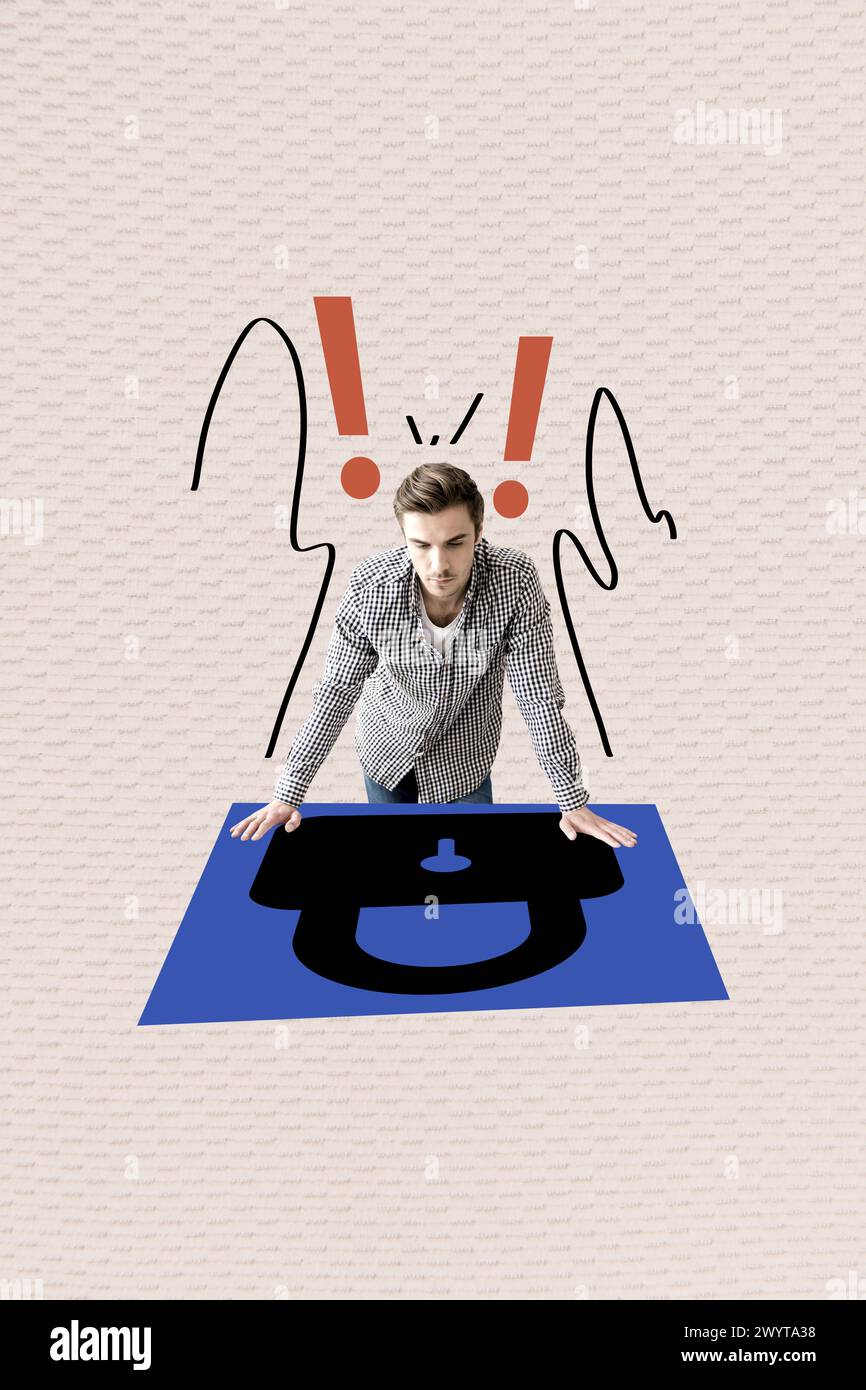 Composite vertical collage picture of minded pensive guy exclamation ...