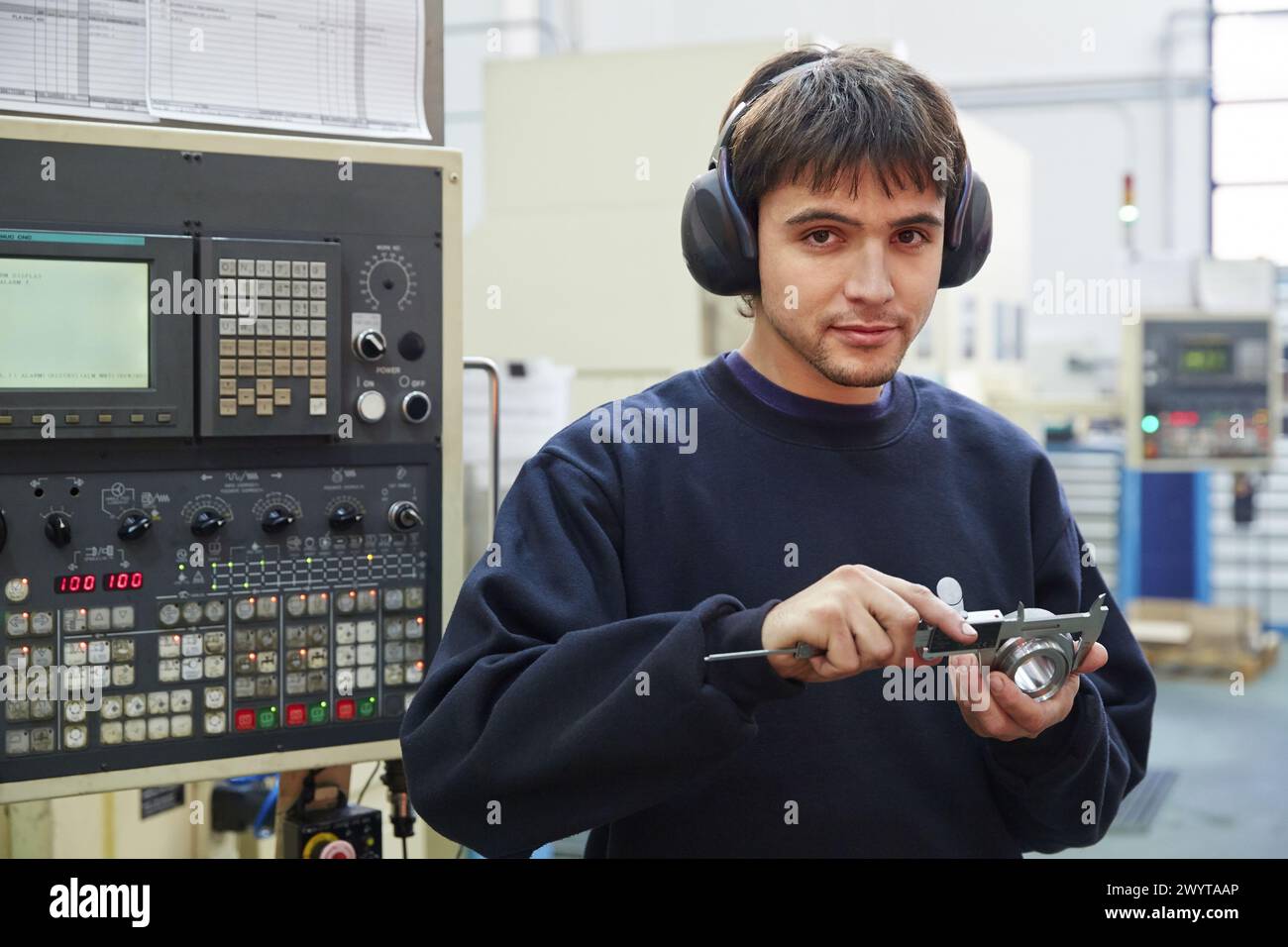 Worker Measuring With Caliper Area Automated Cnc Lathes Machined Indecober Machining Of