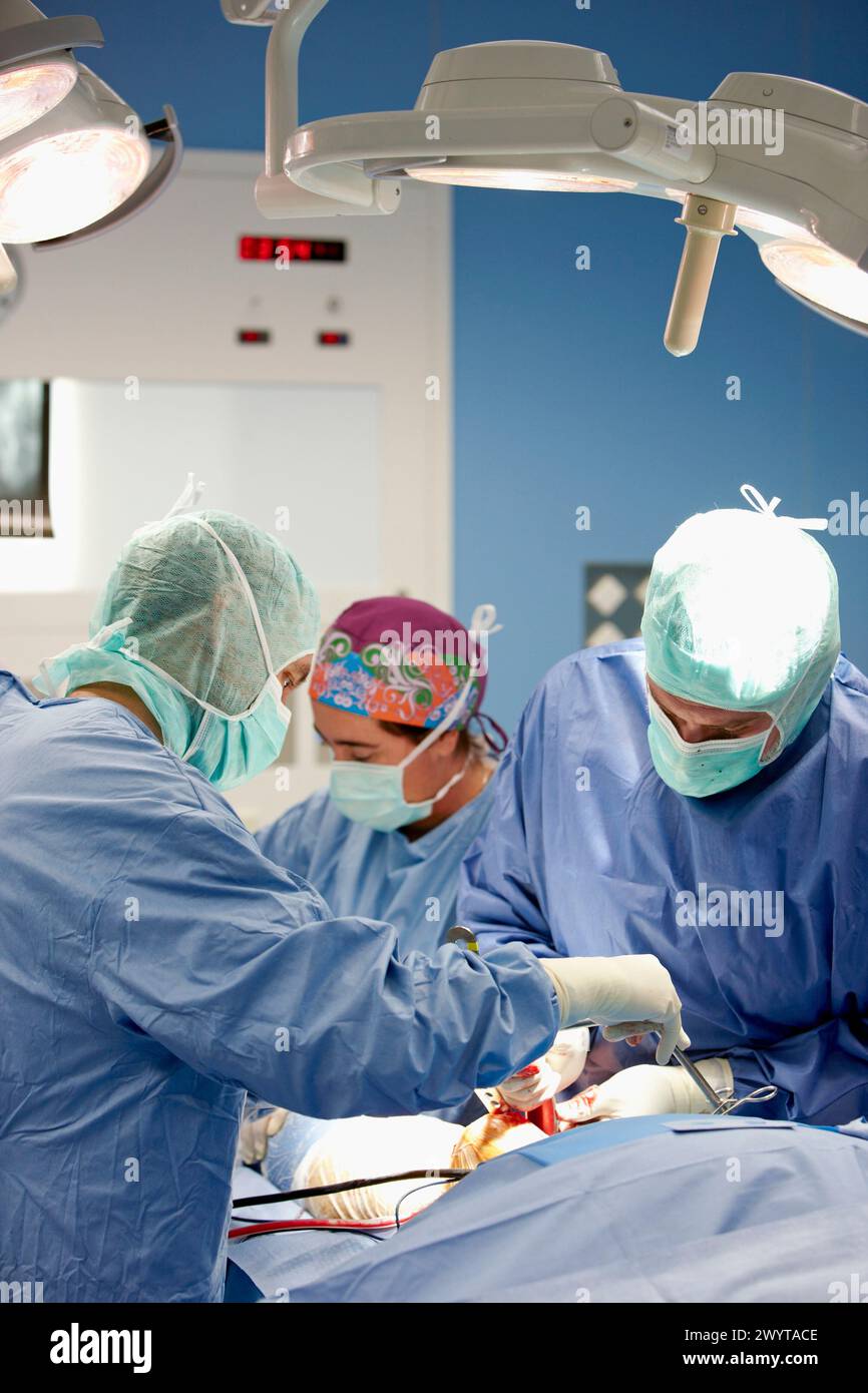 Hip joint replacement, traumatology operating room. Hospital ...