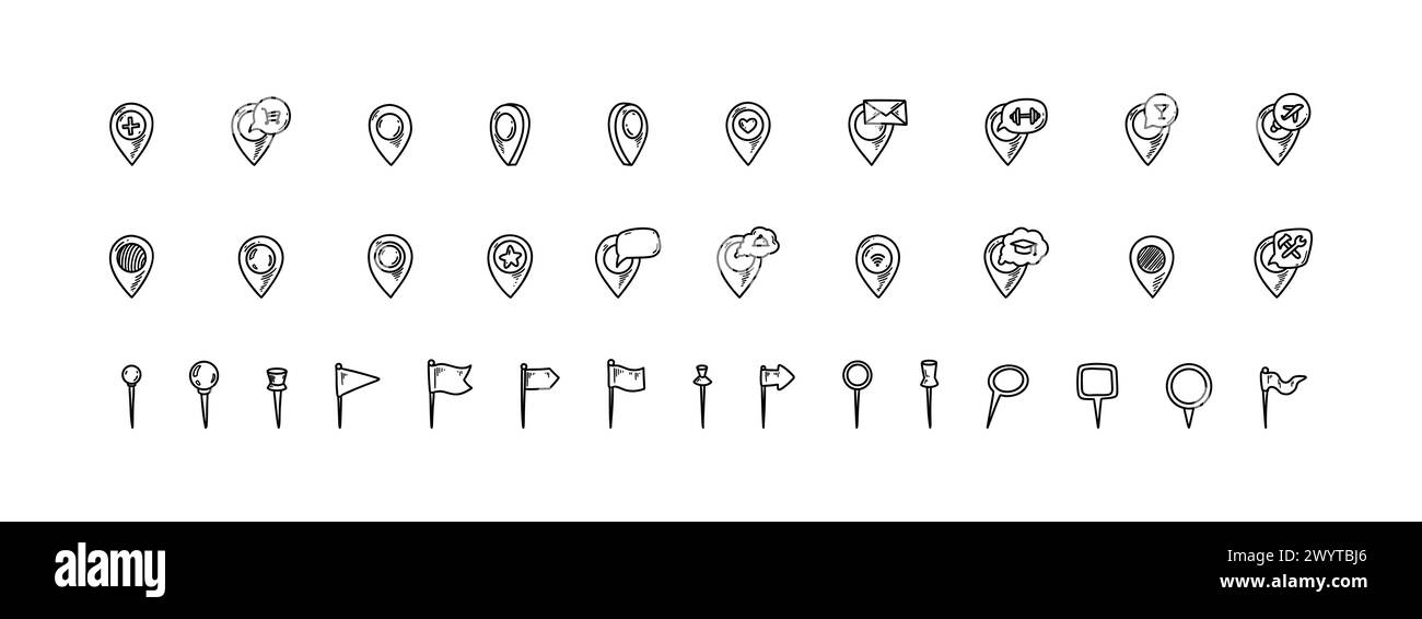 Location pin and flag icons set. Doodle location marker. Sketch ...