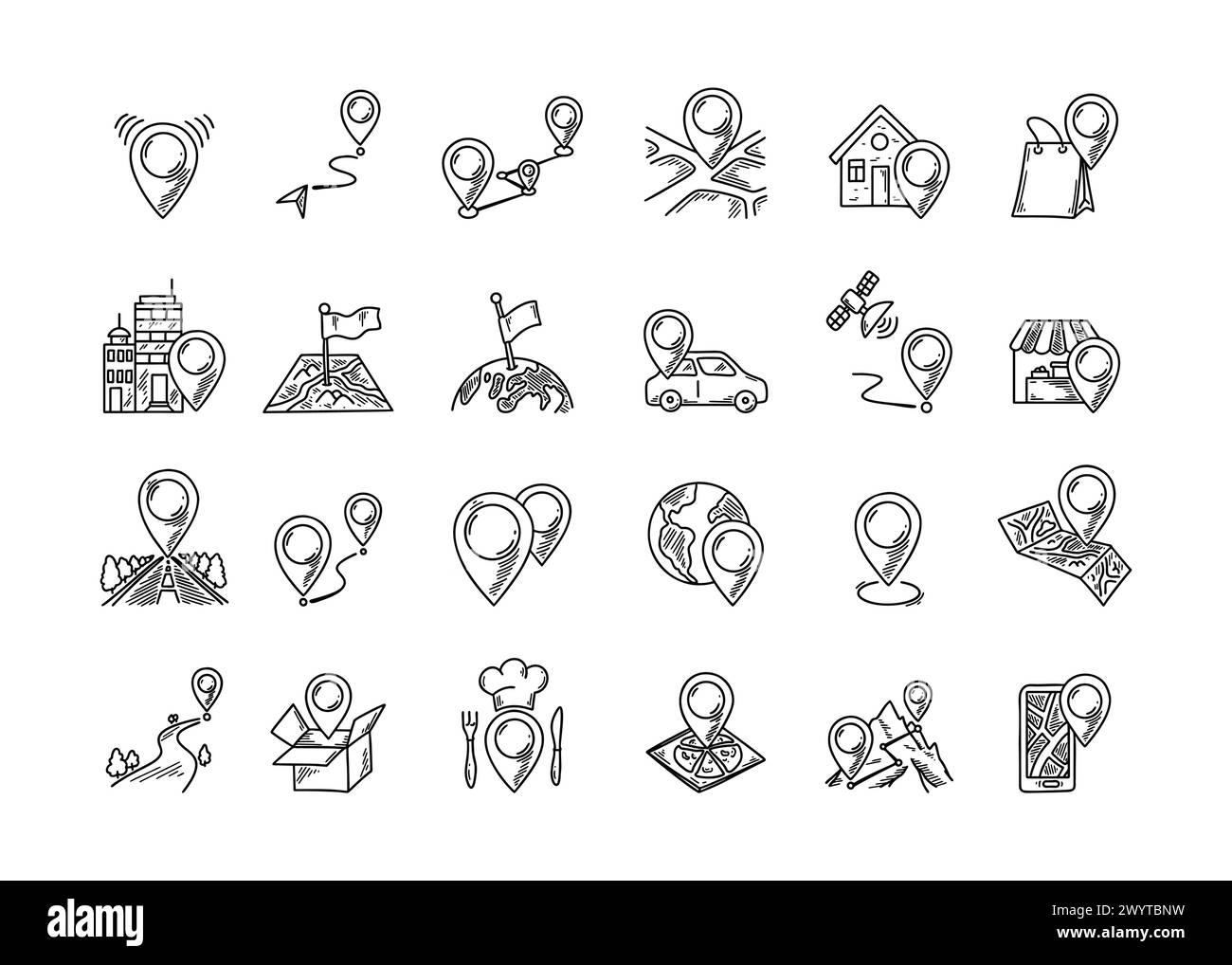 GPS map pin doodle icons set. Hand drawn travel destinations signs and pictograms. Sketch ...