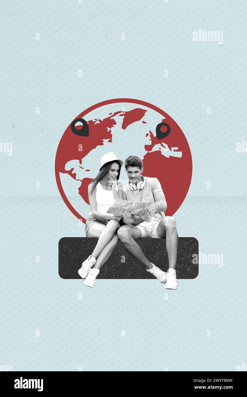 Composite vertical collage picture of two black white effect partners ...