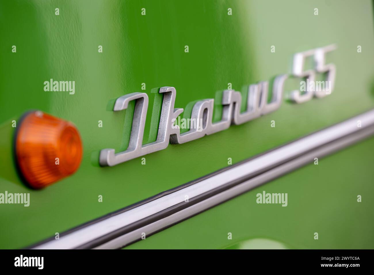 Zschopau, Germany. 08th Apr, 2024. The lettering on a historic Ikarus ...