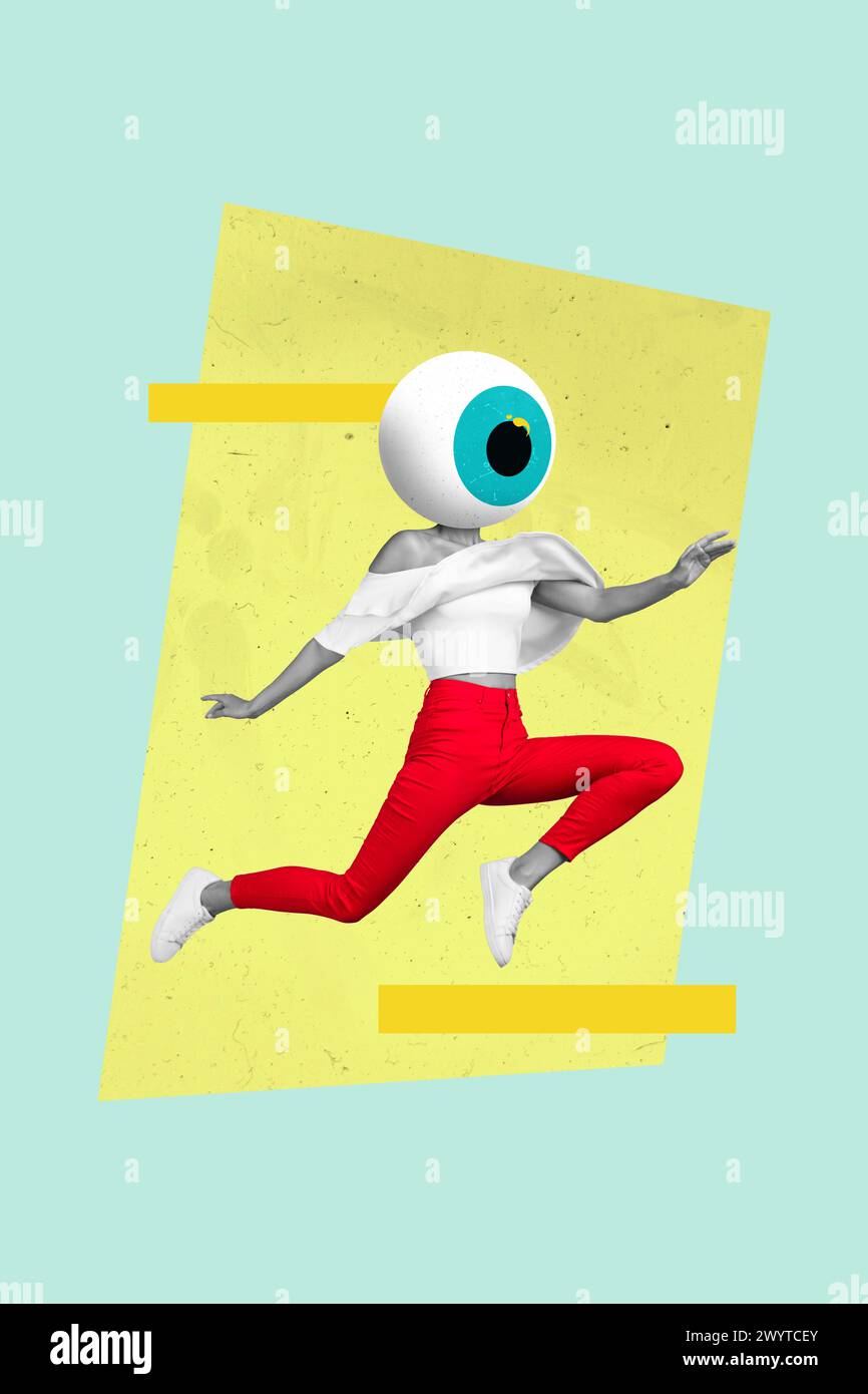 Creative photo image collage running woman headless huge weird concept ...