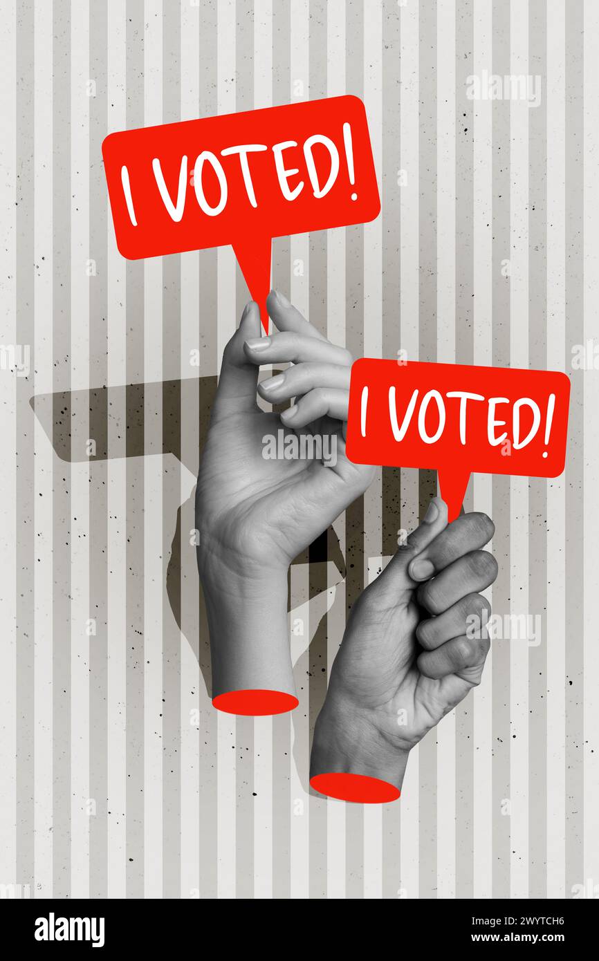 Collage image poster of people demonstrating showing placard i voted ...