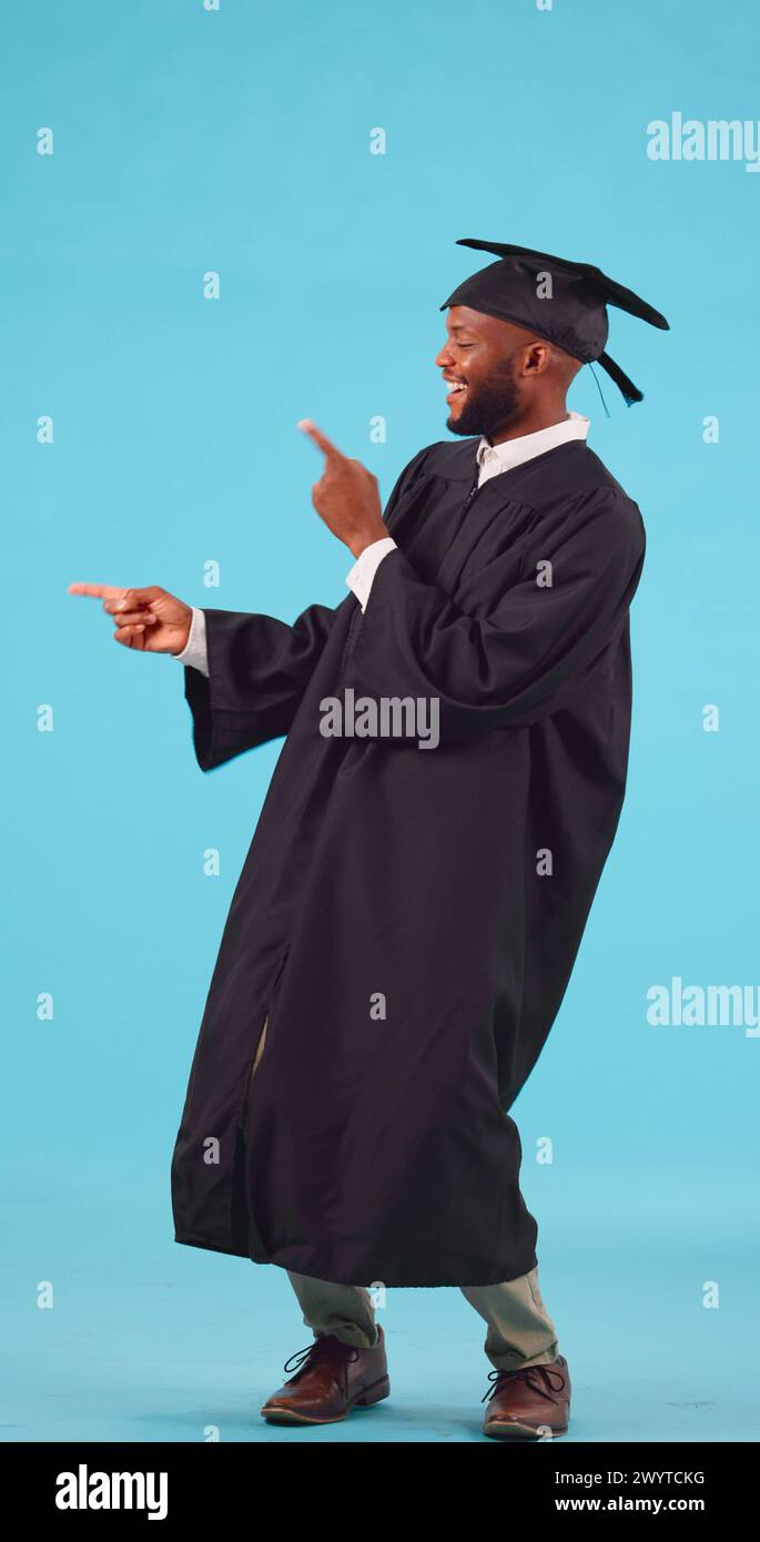 Marketing, graduation and male student in a studio showing a promotion ...