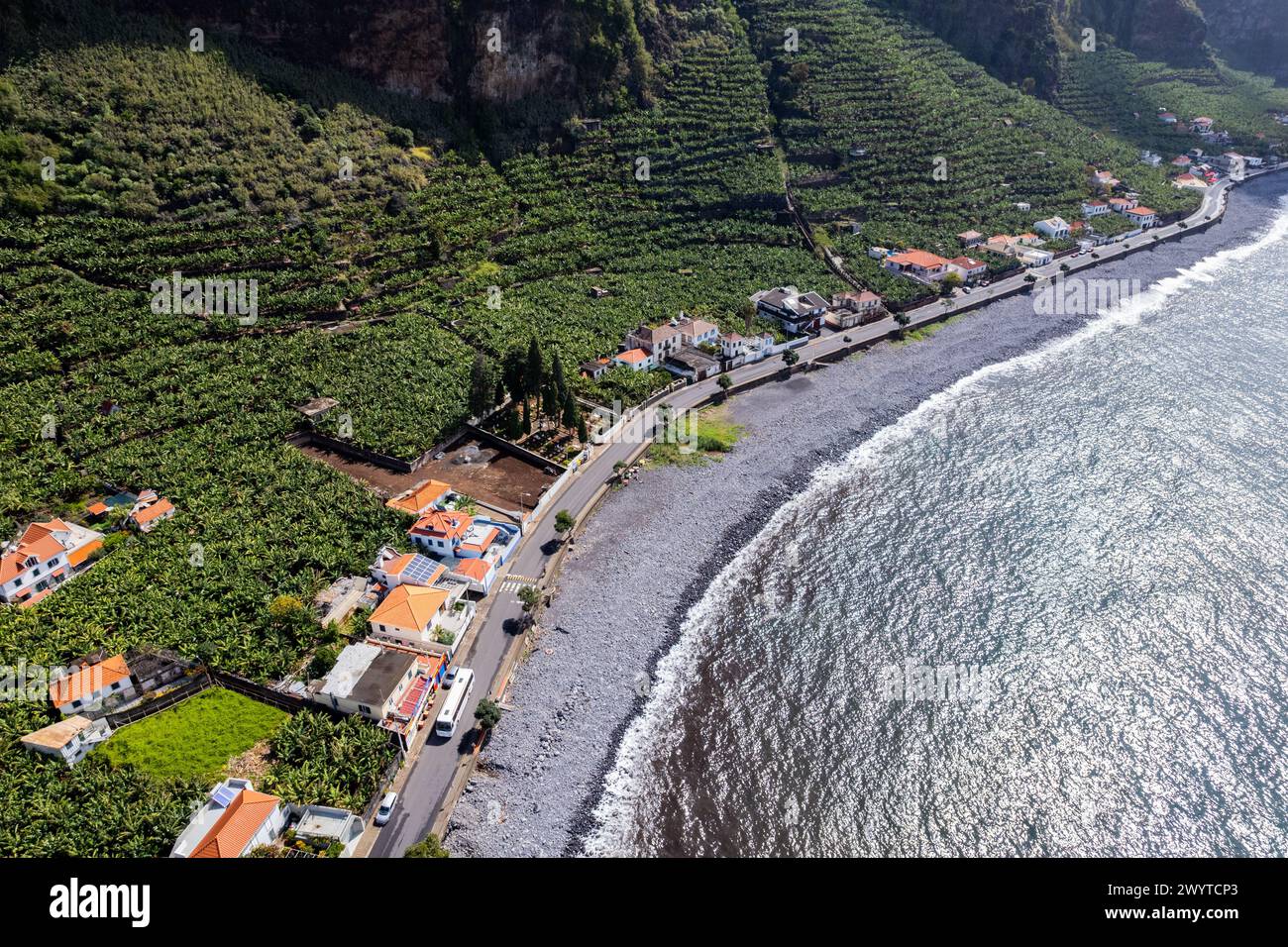 Aerial view of small farming village with banana plantation at Madeira ...