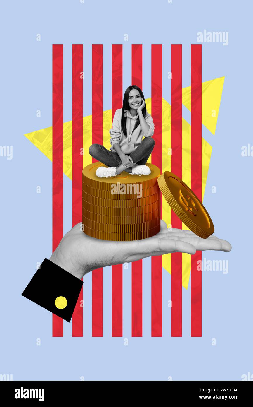 Vertical creative picture collage sitting young woman trader successful ...