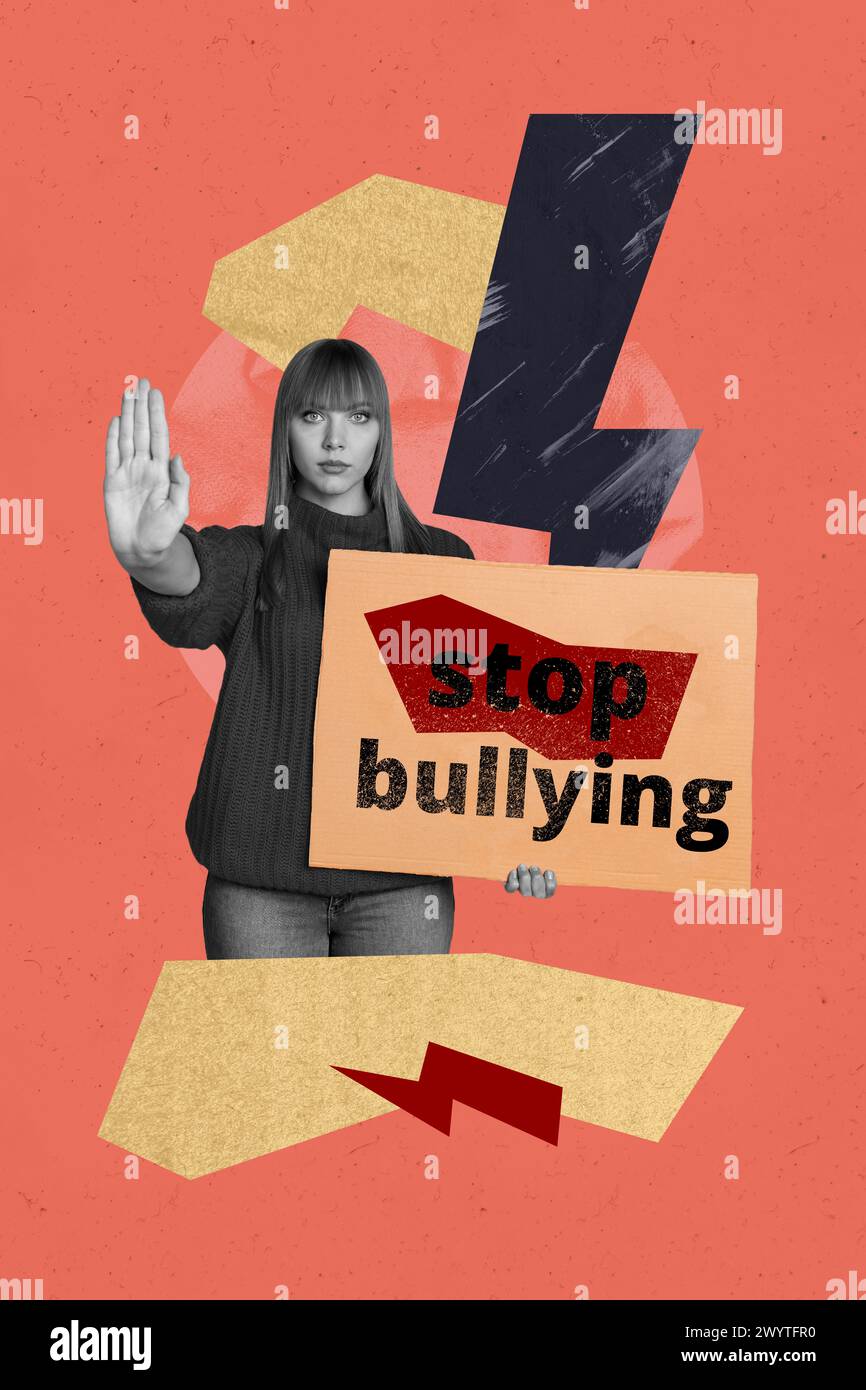 Composite collage picture image of stop gesture female hater bullying ...