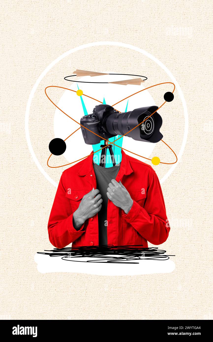 Vertical photo collage headless man photocamera instead face caricature ...