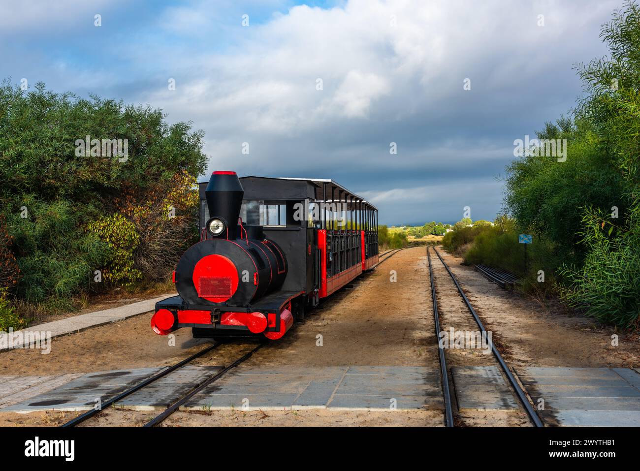 Retro train that transports visitors from the mainland to the Barril ...