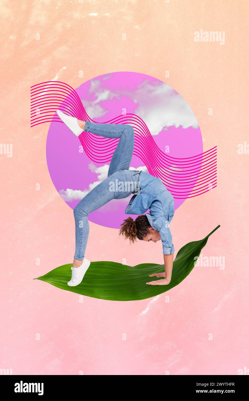 Vertical photo collage picture young flexible girl mental relaxation ...