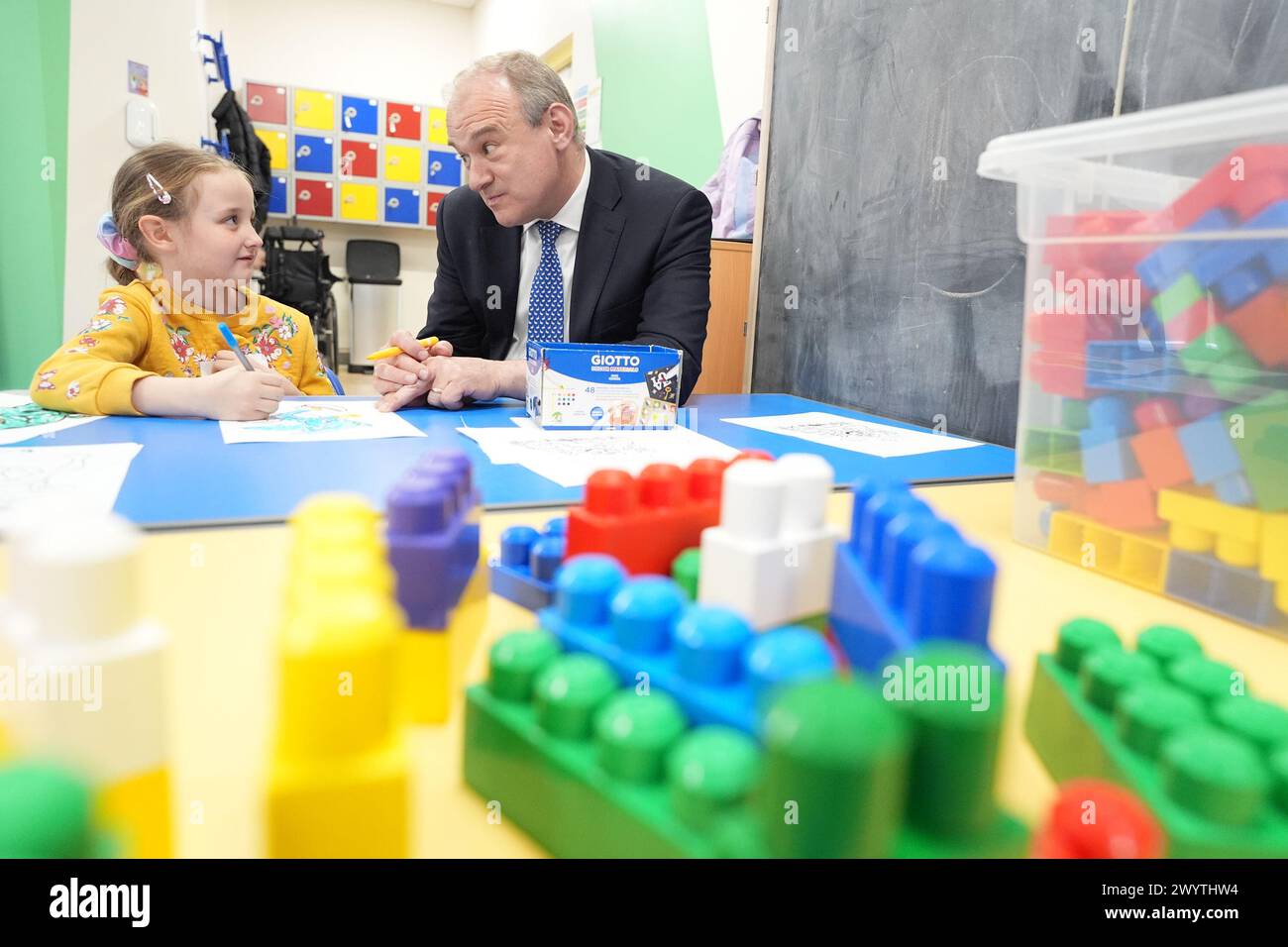 Liberal Democrat Leader Sir Ed Davey interacts with Isabel, 7, (no ...
