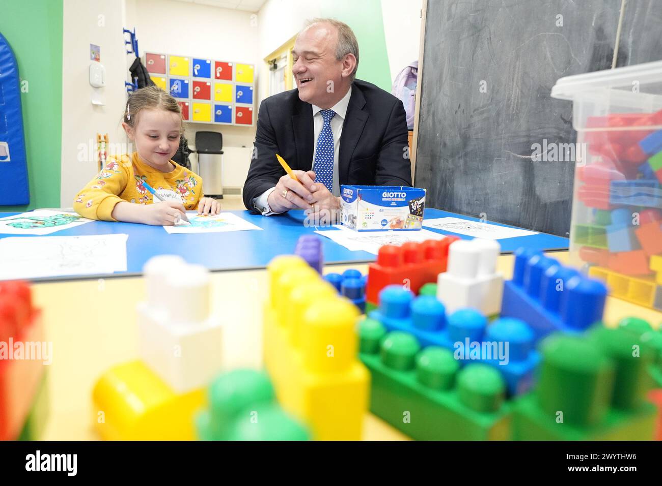 Liberal Democrat Leader Sir Ed Davey interacts with Isabel, 7, (no ...