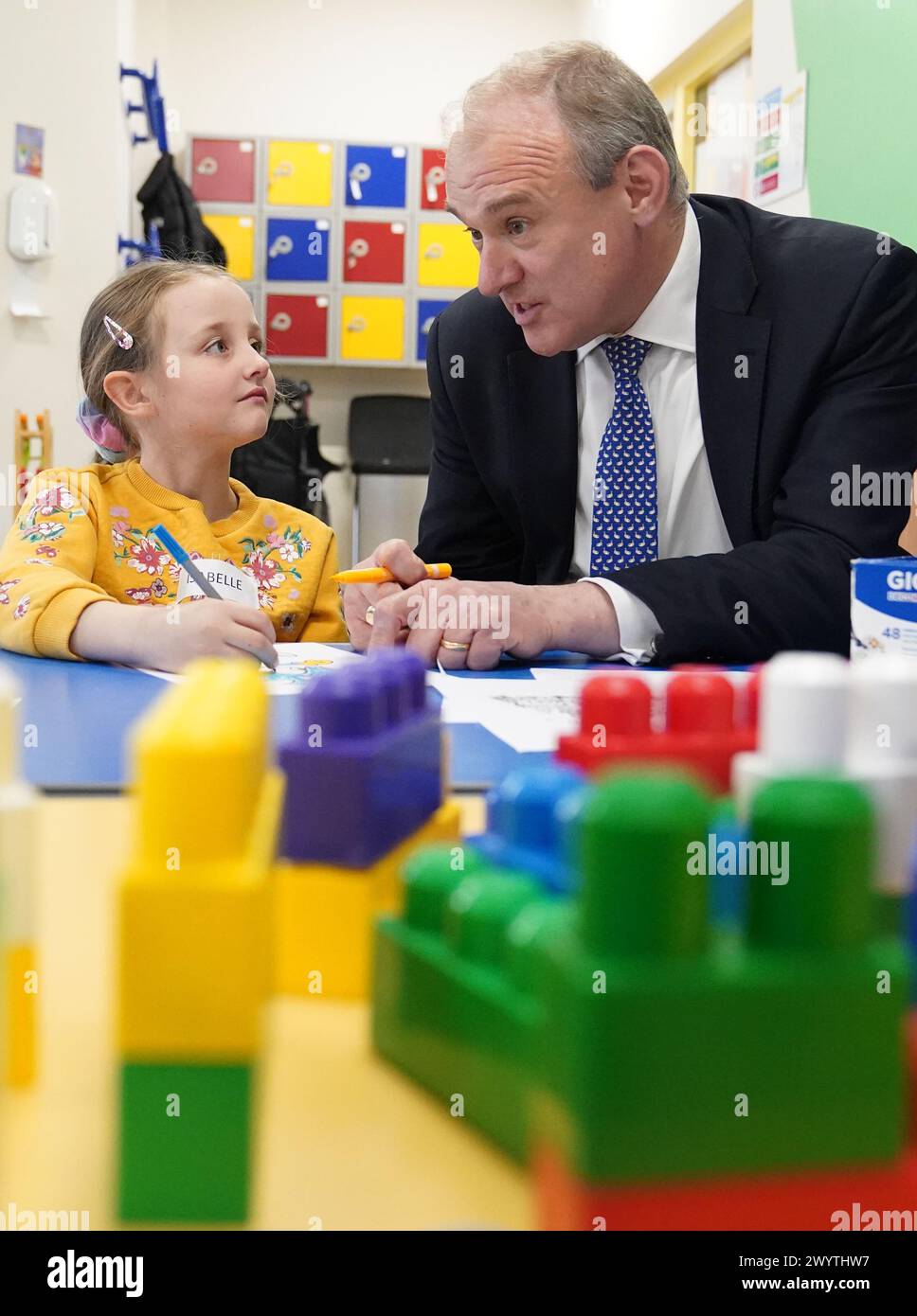 Liberal Democrat Leader Sir Ed Davey interacts with Isabel, 7, (no ...