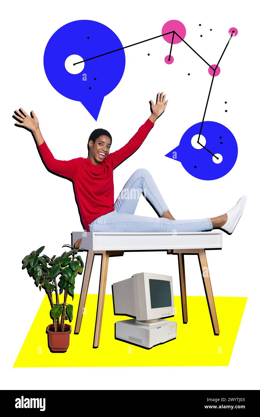 Vertical composite collage picture of positive person sit office desk ...