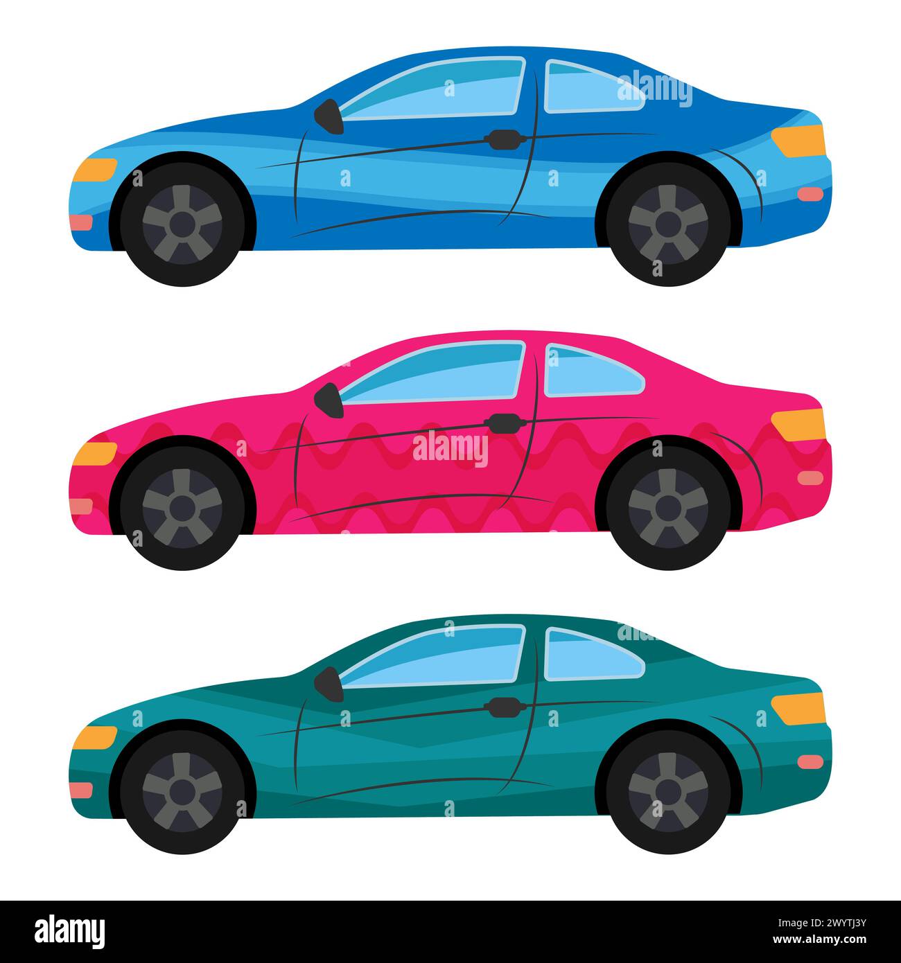 A set of three cars painted in different colors. Vector illustration ...