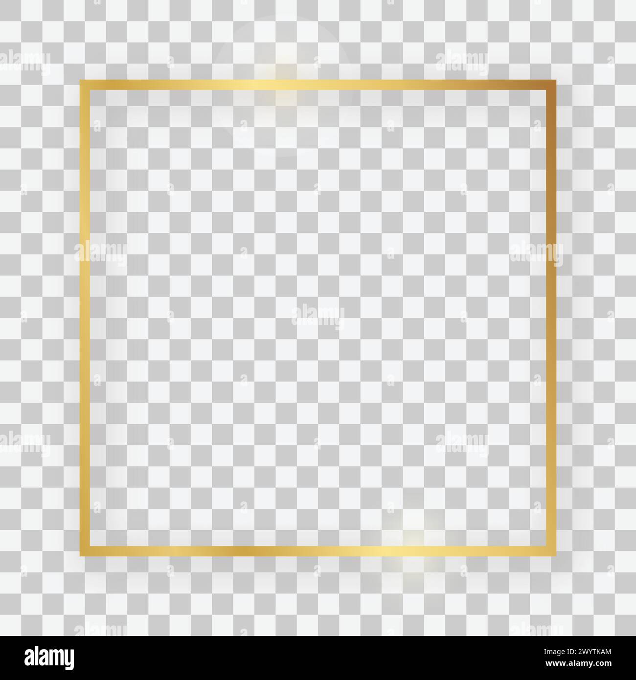 Gold shiny square frame with glowing effects and shadows on transparent ...