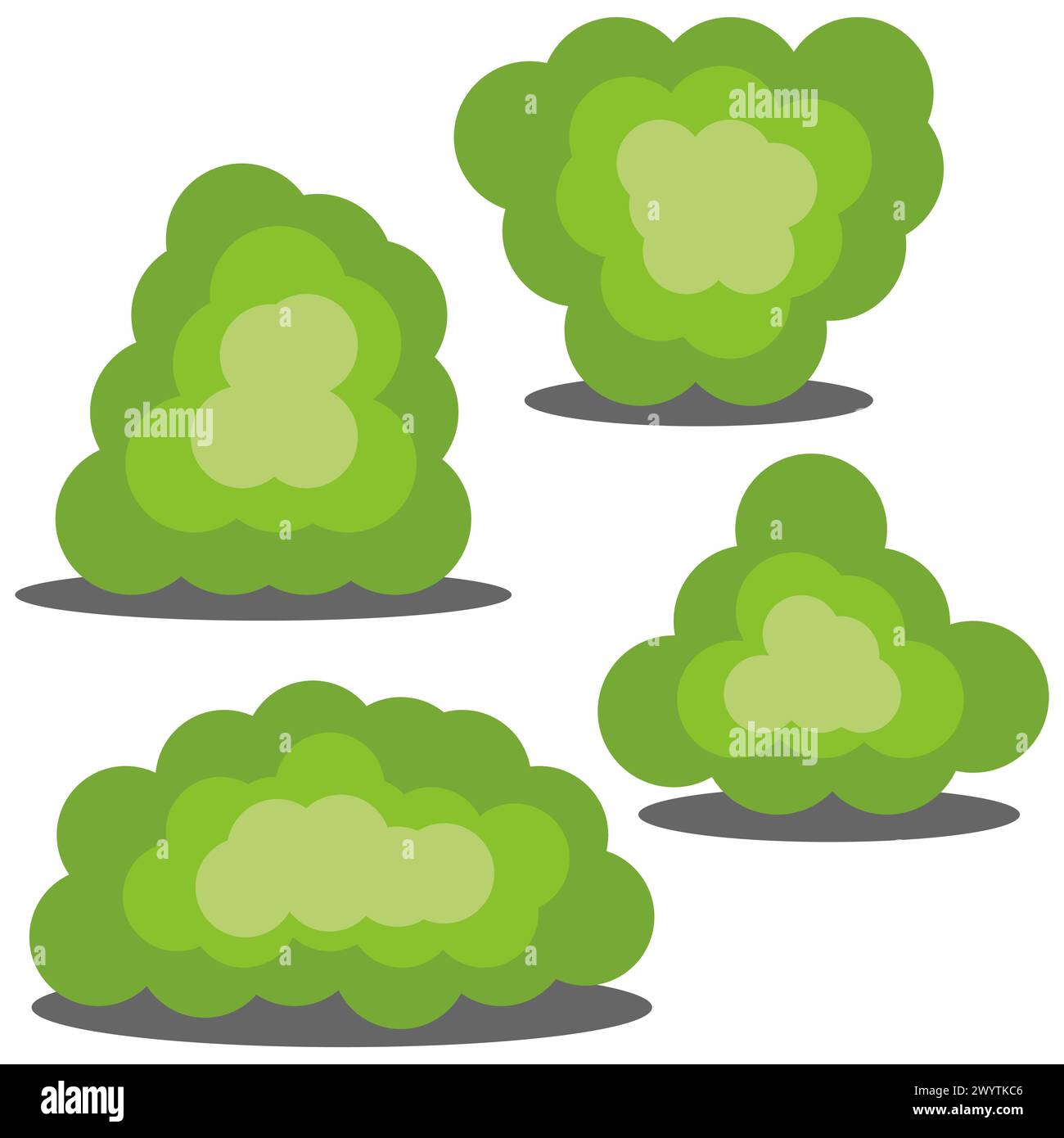 Set of four different cartoon green bushes isolated on white background ...