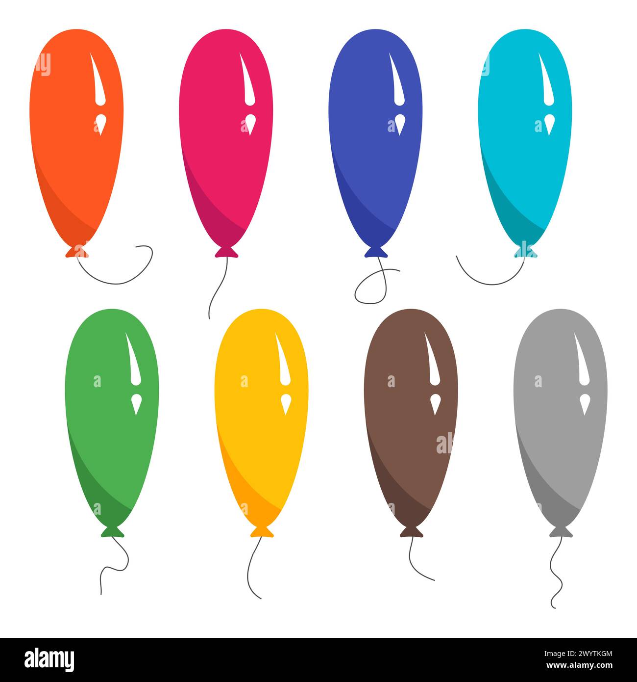 Set of eight colorful balloons with a string isolated on white ...