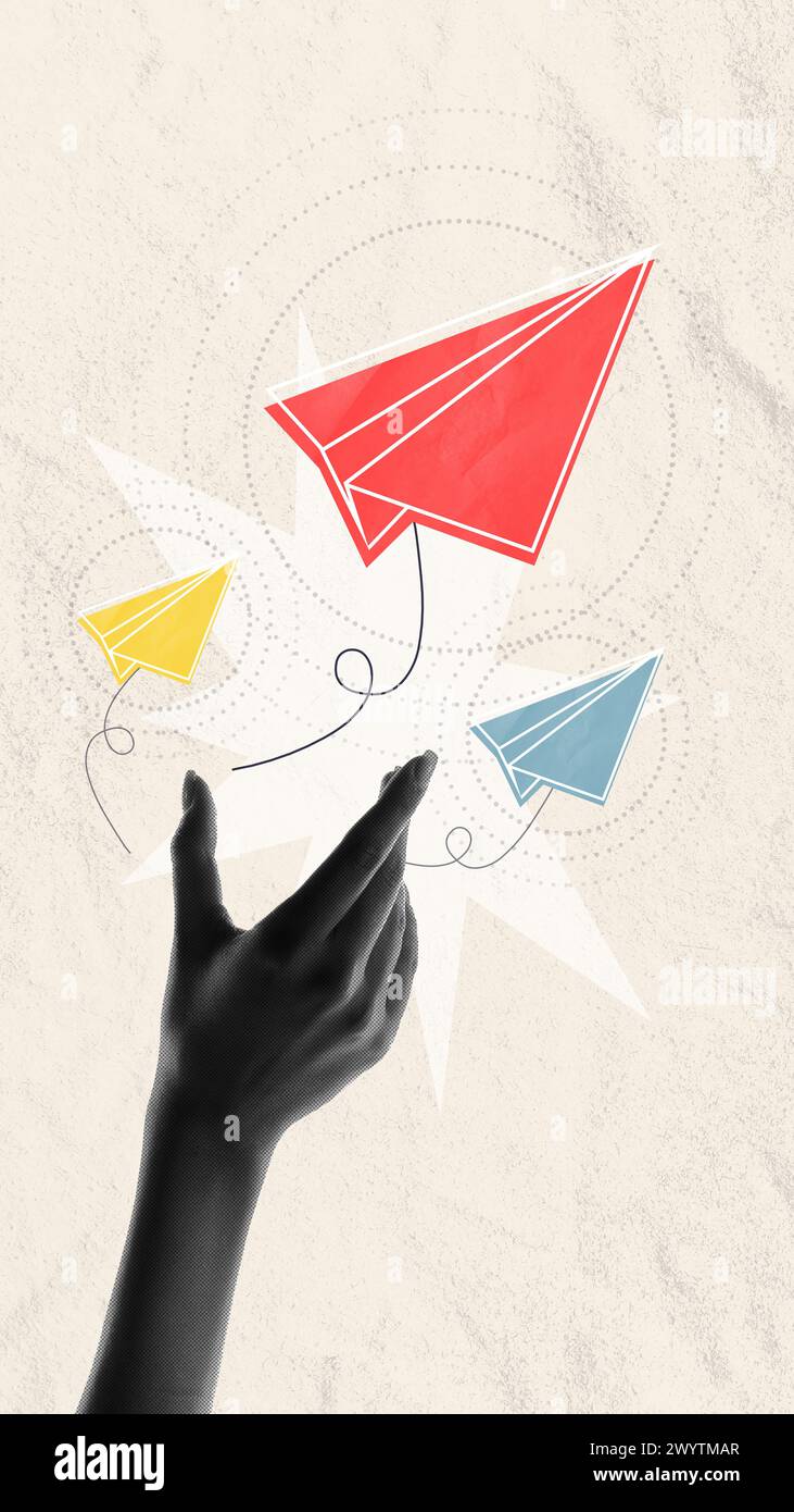 Poster. Contemporary art collage. Black and white hands launch red ...