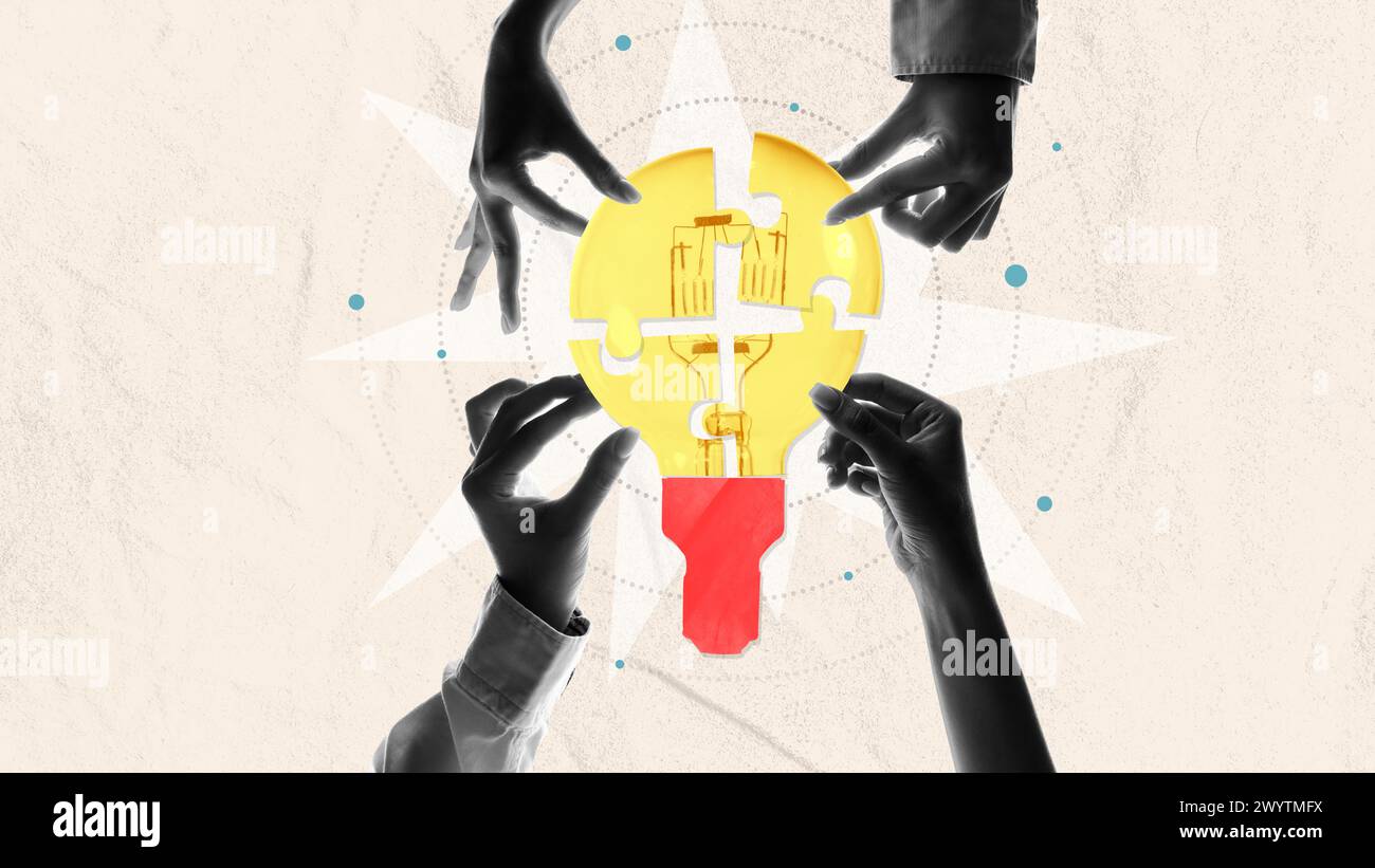Poster. Contemporary art collage. Black and white hands creating ...