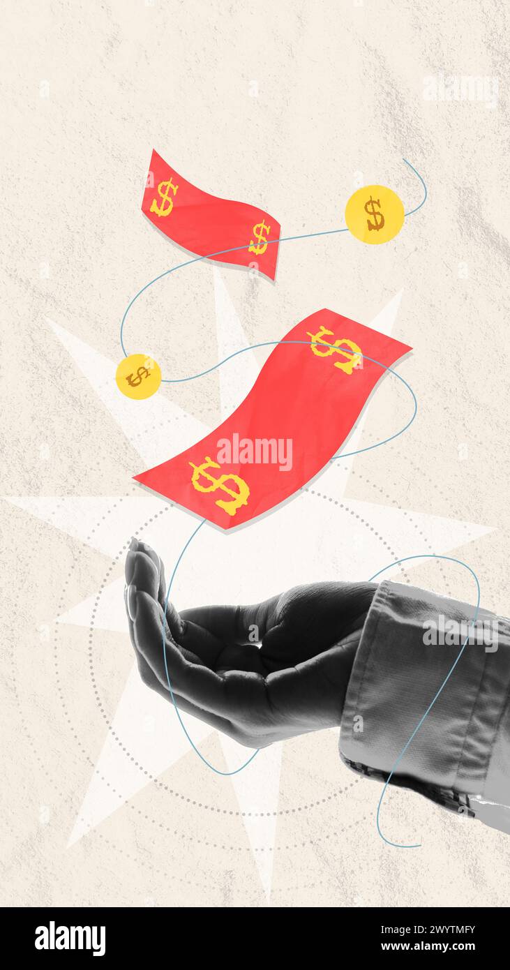 Poster. Contemporary art collage. Black and white hand catches money ...