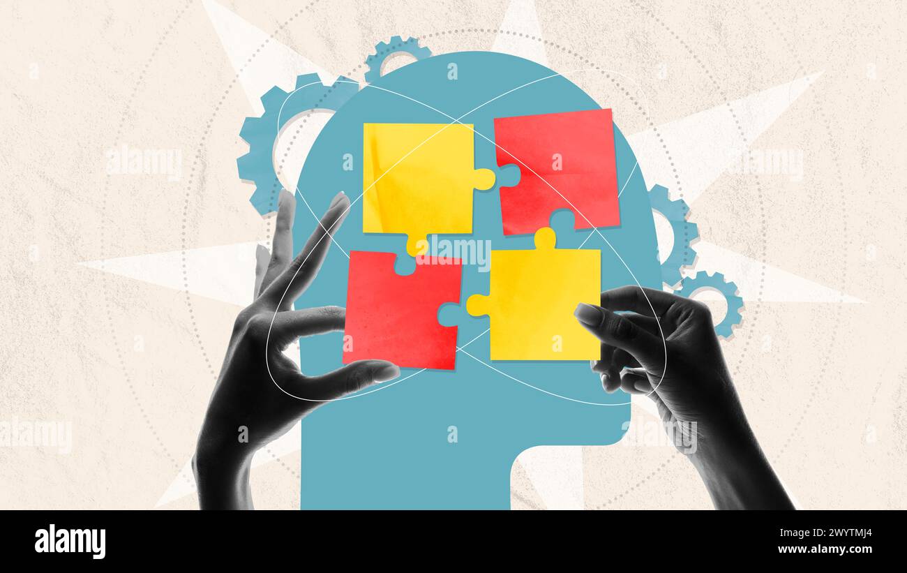 Poster. Contemporary art collage. Blue silhouette of person where hands ...