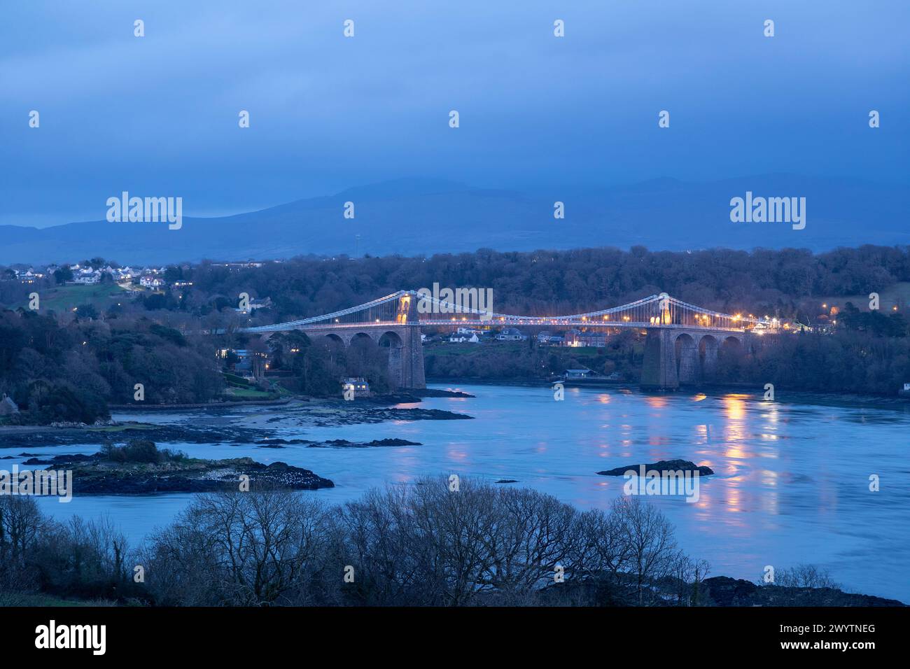 Menai Suspension Bridge in the evening, Menai Strait, LLanfair ...