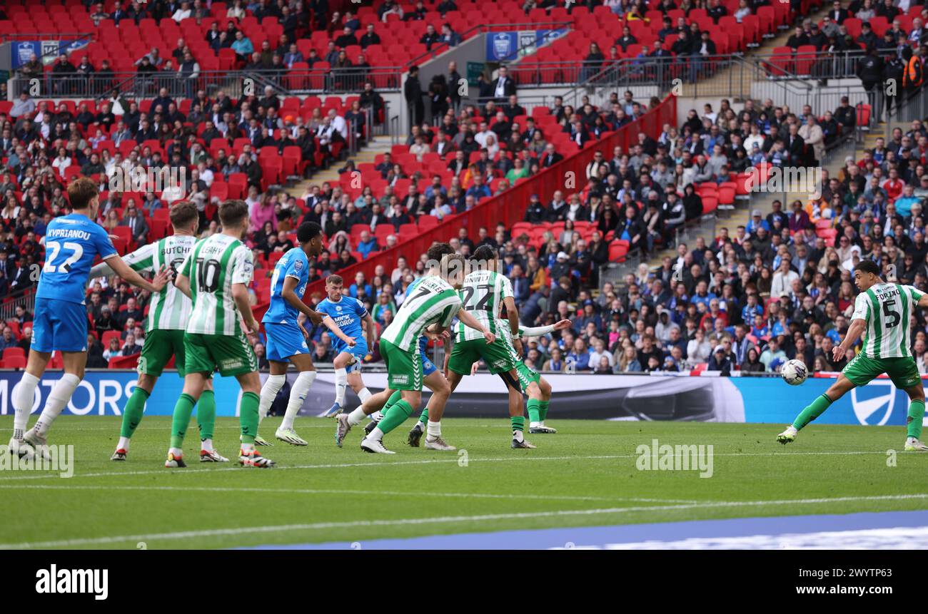 London, UK. 07th Apr, 2024. Harrison Burrows (PU) 5th from left, scores ...
