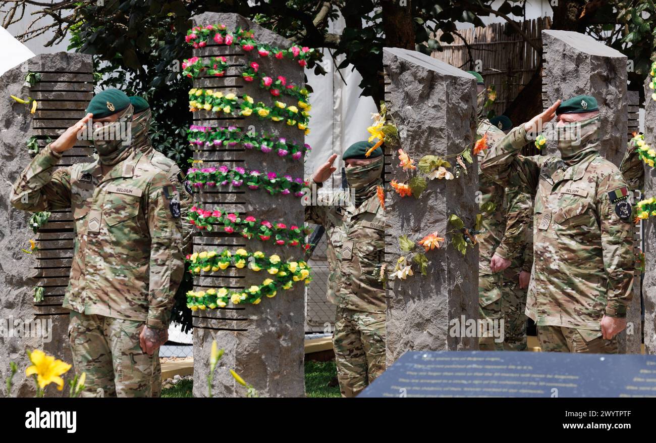 Kigali, Rwanda. 08th Apr, 2024. Belgian soldiers salute during a ...