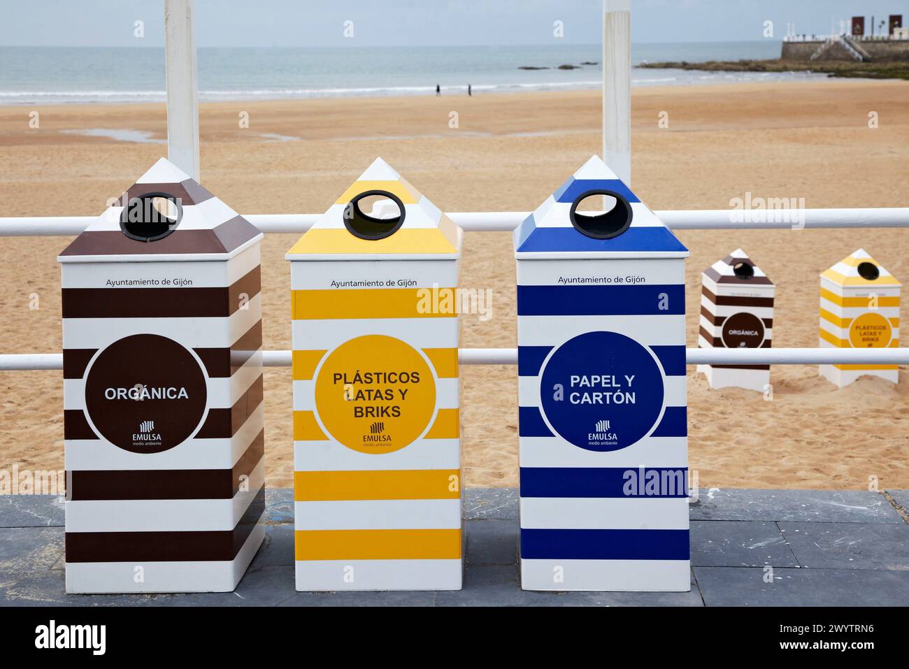 Reccycling bins, Playa San Lorenzo, Gijon, Asturias, Spain Stock Photo ...
