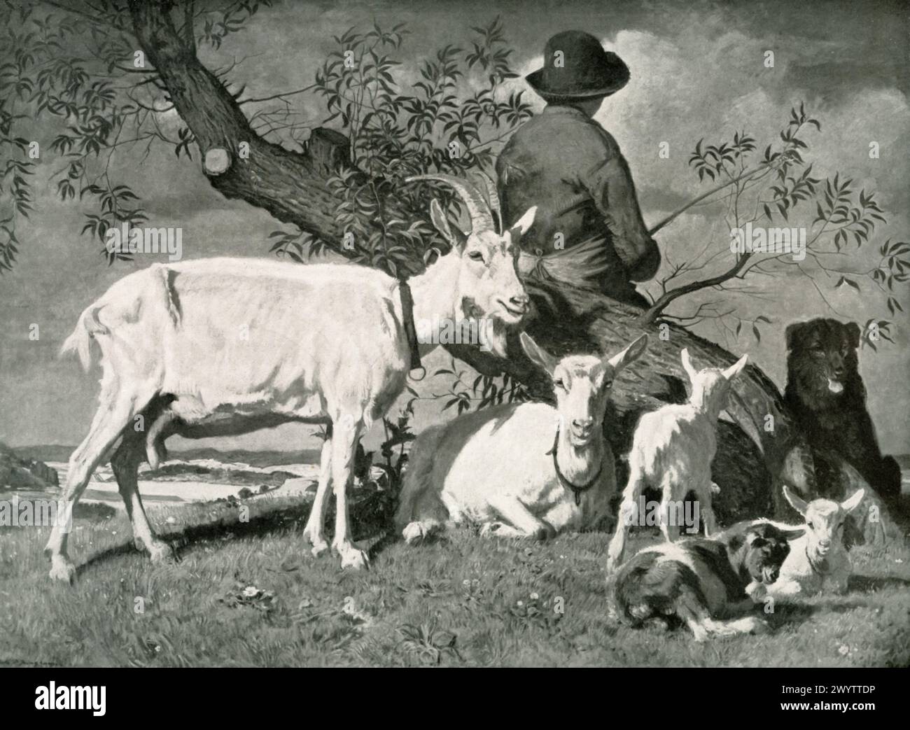Idyllic Pasture" by Julius Paul Junghanns, circa 1943, captures a tranquil scene with goats ...