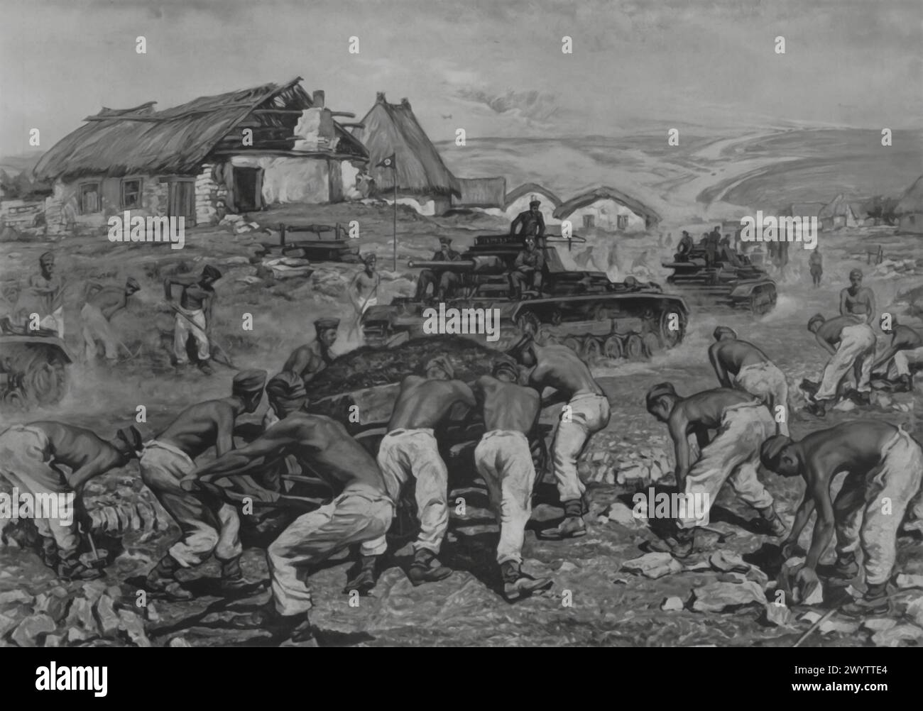 Advance Road," a painting by Thomas Bachmeier from around 1942, depicts ...