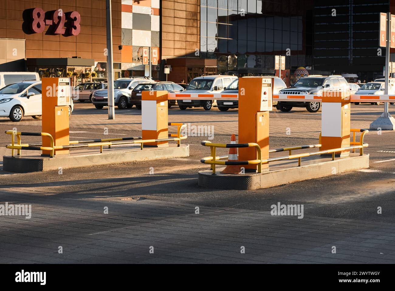 Automatic barrier gates for supermarket parking lot. Security system ...