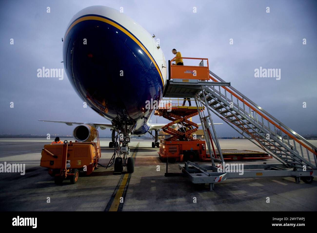 Landing assistance at cargo terminal, Foronda Airport. Alava, Euskadi ...