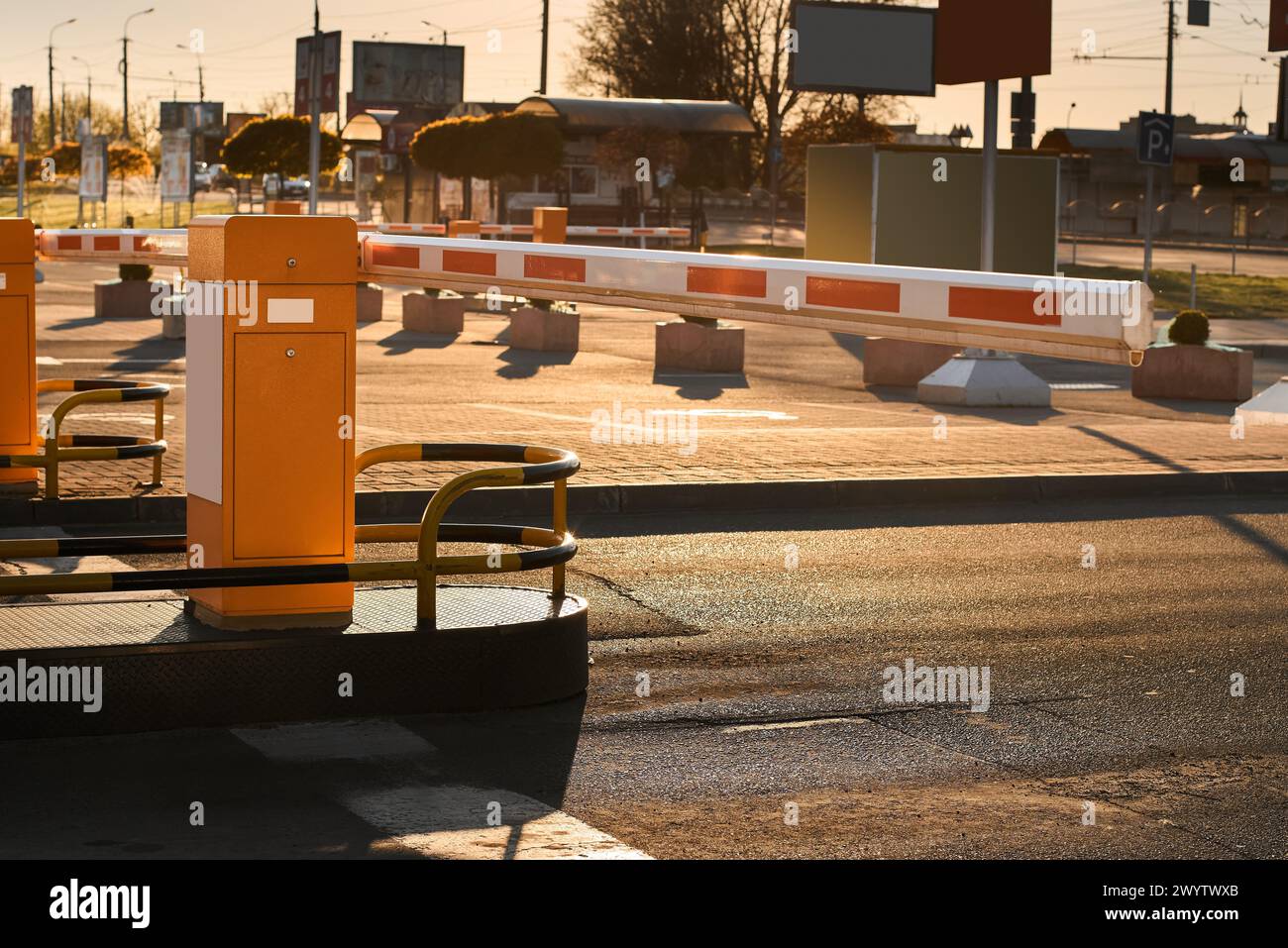 Automatic barrier gates for supermarket parking lot. Security system ...