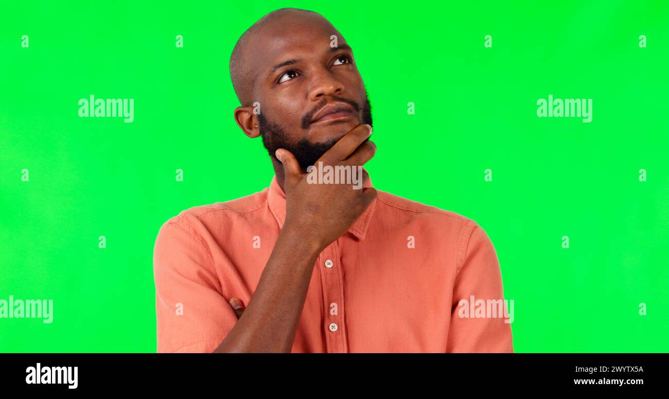 Black man, thinking and mindset on green screen, decision and ...
