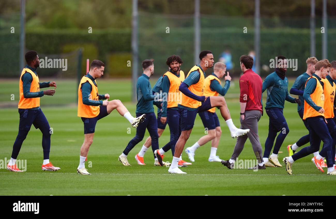 Arsenal's Gabriel (centre) during a training session at the Sobha ...