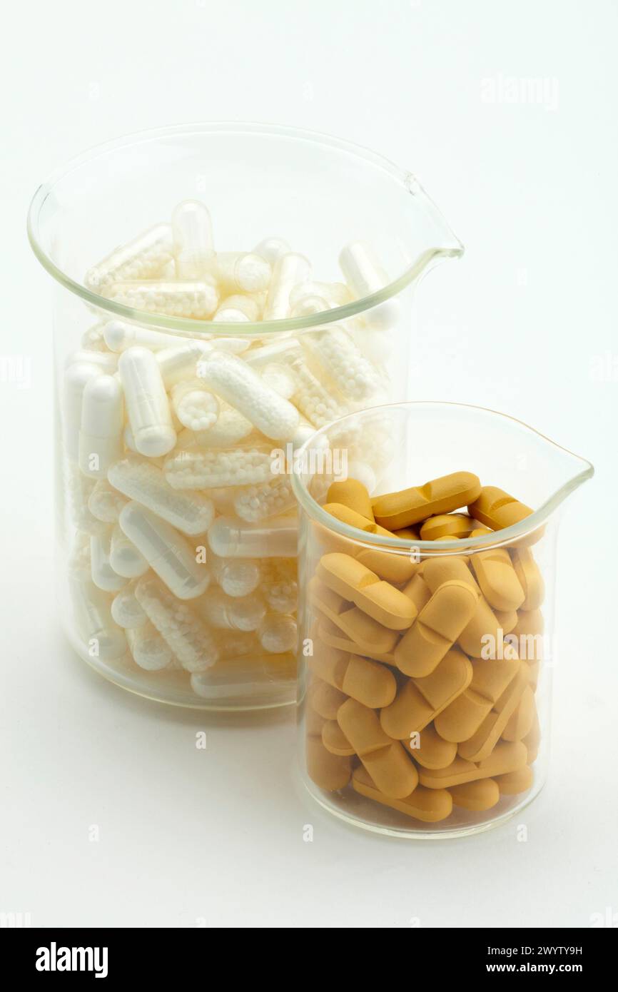 Samples of capsules and tablets, Generic drugs, Pharmaceutical plant ...