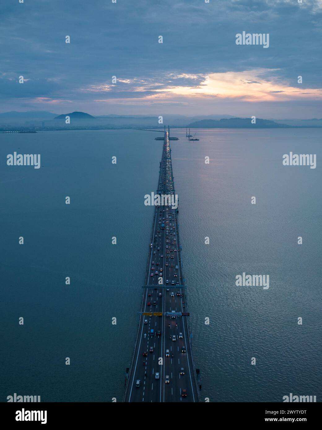 Aerial view of Penang Bridge at dawn, Gelugor, Pulau Pinang, Penang ...